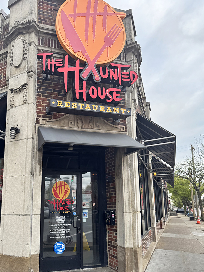 Daytime reveals the historic brick facade that houses culinary thrills. Like any good horror film, the unassuming exterior gives little hint of the theatrical experience waiting inside.
