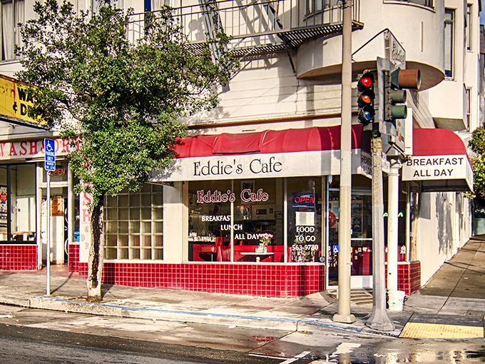 Eddie's corner location catches the morning light perfectly, its classic diner signage a refreshing antidote to San Francisco's trendier establishments. No Edison bulbs needed here.