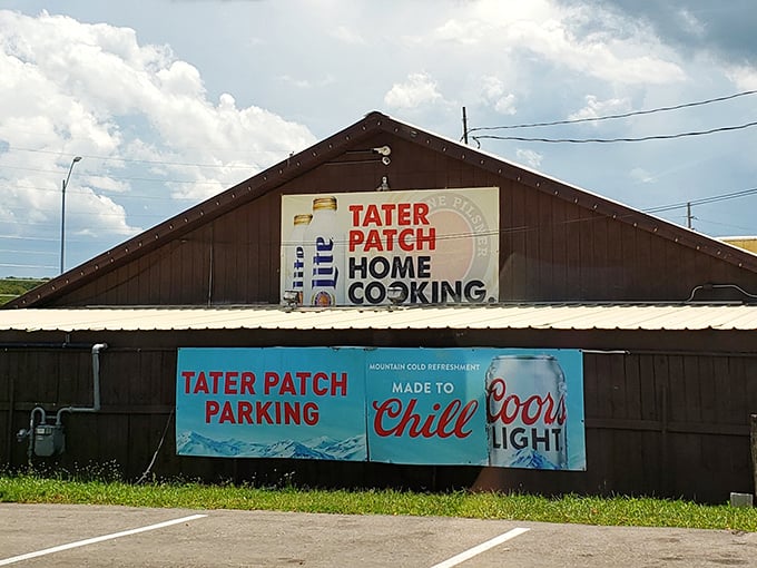 The unassuming exterior with a simple sign marking the parking feels like discovering a treasure map leading straight to comfort food glory.