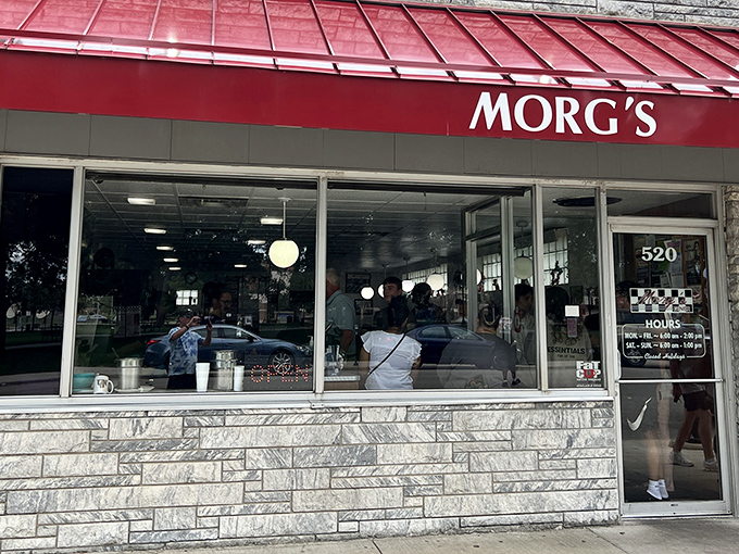 The iconic red awning of Morg's beckons hungry Waterloo residents like a breakfast lighthouse guiding ships to shore. Classic Americana at its finest.