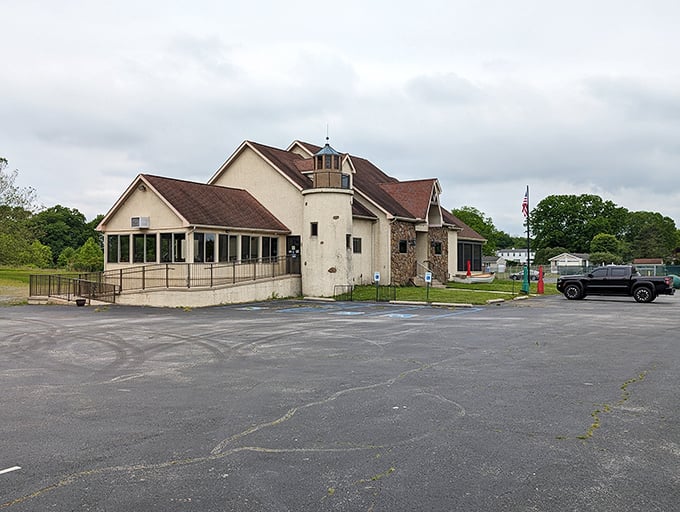 A panoramic view of Kathy's shows off its unique architecture &ndash; part lighthouse, part cozy lodge, all dedicated to the art of perfect seafood.