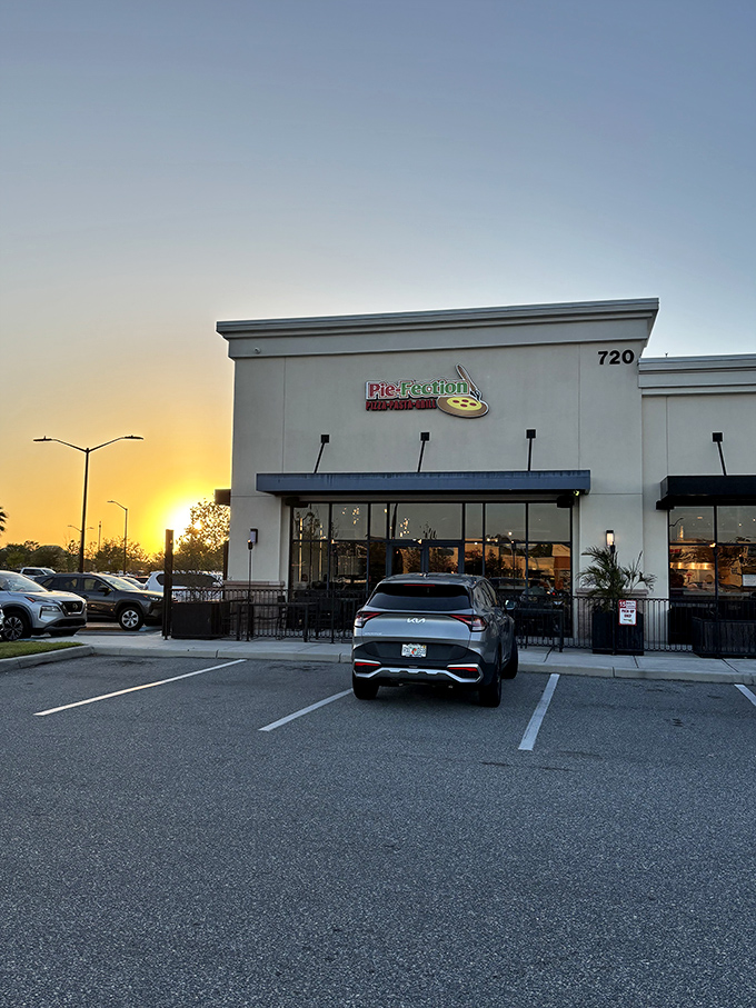 Sunset at Pie-Fection creates that golden-hour glow, as if the universe itself is highlighting your next great meal.