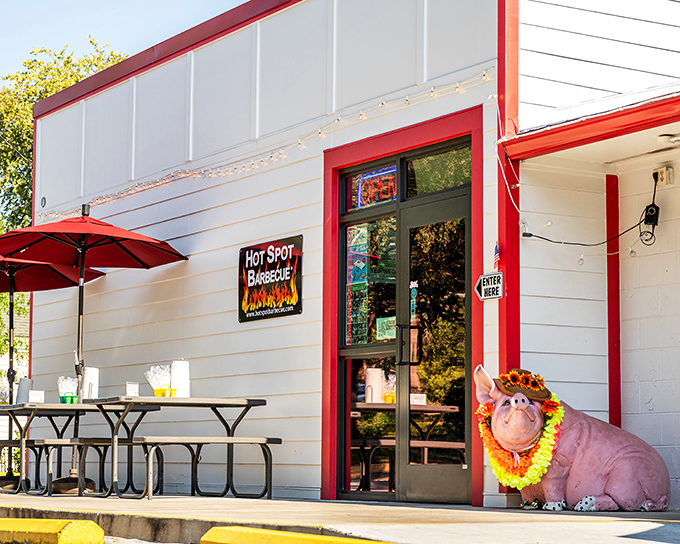 The unassuming exterior of Hot Spot Barbecue proves once again that the best smoke joints often hide in plain sight, their cartoon pig murals practically winking at hungry passersby.
