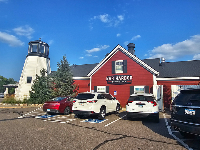 The iconic red barn exterior with its lighthouse beacon practically screams "turn here for good food!" A slice of Maine in Minnesota's lake country.