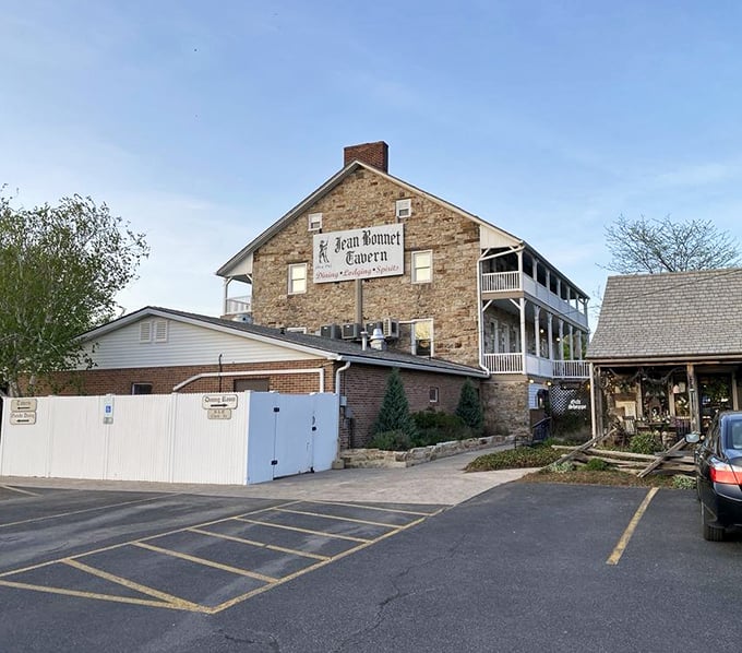 History stands tall in stone and mortar at Jean Bonnet Tavern, where the exterior promises culinary adventures as timeless as the building itself.