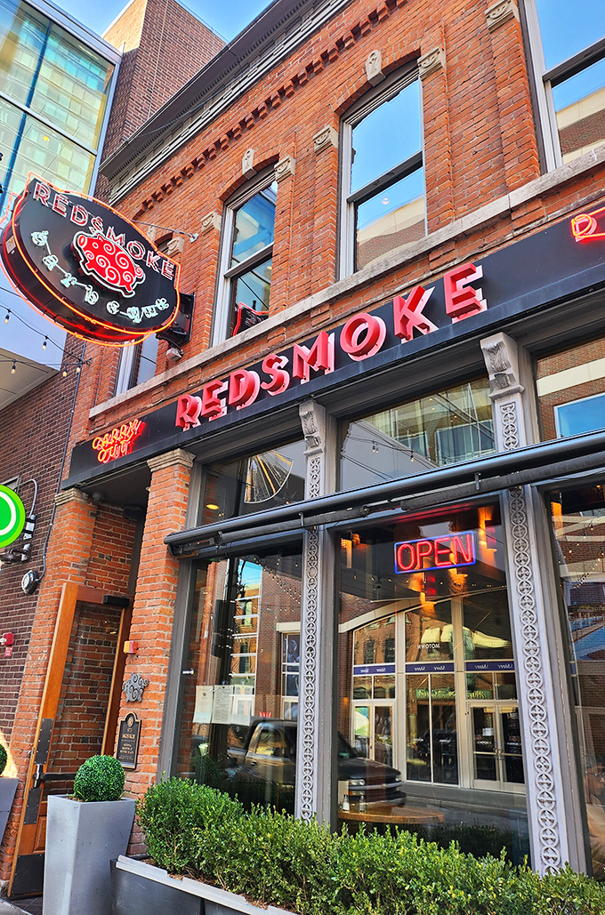 The iconic red signage of Redsmoke Barbeque glows like a beacon of meaty promise against the historic brick fa&ccedil;ade in Detroit's Greektown district.
