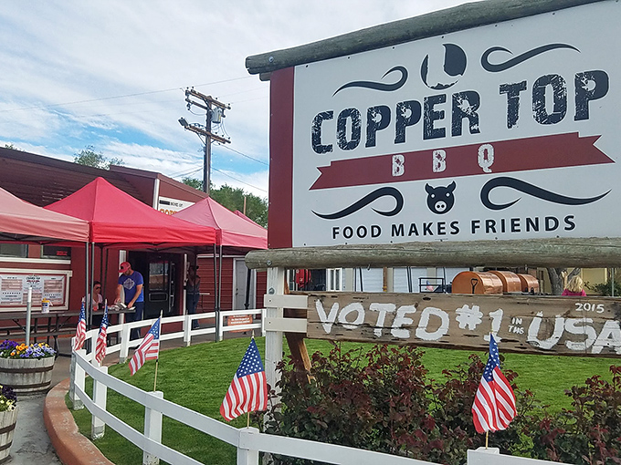 The iconic Copper Top BBQ sign says it all: "Food Makes Friends." In Big Pine, this humble roadside spot has earned legendary status among barbecue pilgrims.
