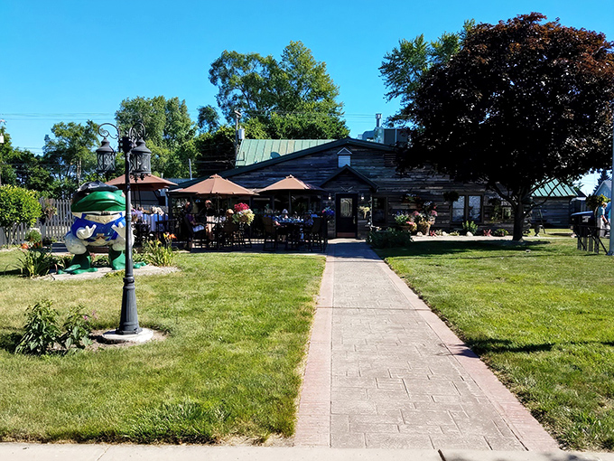 A wide-angle view showing the full approach to this woodland dining oasis. Those umbrellas aren't just for show&mdash;they're reserving prime real estate.