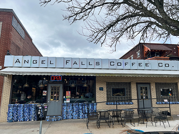 Angel Falls' welcoming storefront invites passersby with its classic signage and promise of artisanal coffee delights within.