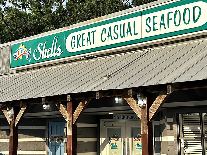 The green and white sign promises "GREAT CASUAL SEAFOOD" &ndash; a declaration that's both a mission statement and a delicious spoiler alert.
