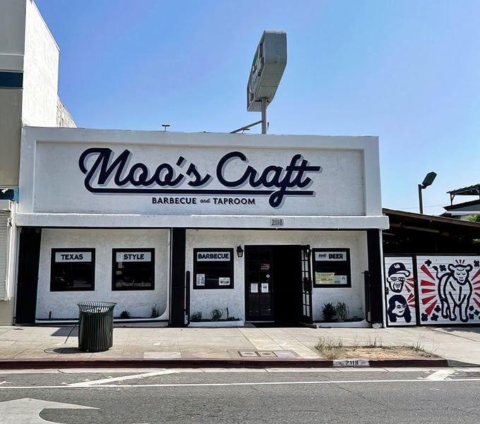 The unassuming storefront of Moo's Craft Barbecue belies the smoky treasures within. Texas-style meets LA cool in this white-walled barbecue sanctuary.