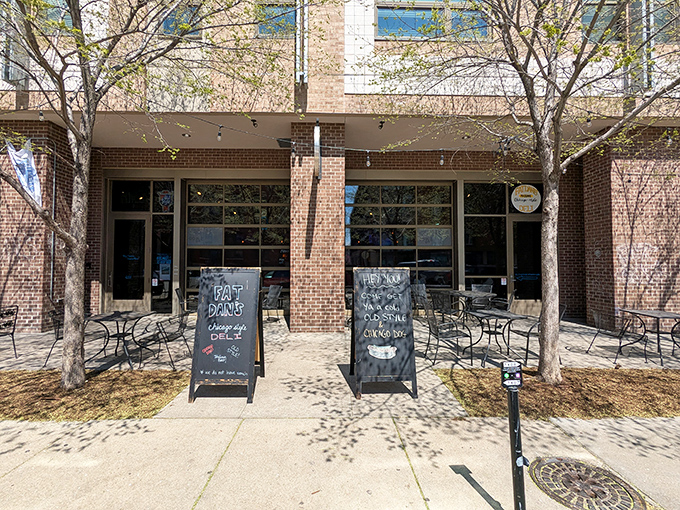 The unassuming storefront of Fat Dan's beckons with simple sidewalk signs and patio seating. Chicago-style deliciousness hides in plain sight.