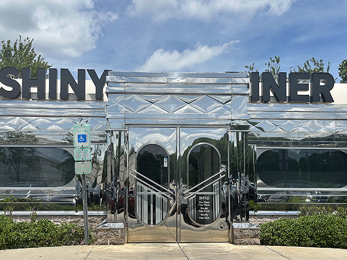 Not just a name&mdash;The Shiny Diner's mirrored entrance reflects your hunger back at you, doubling the anticipation.