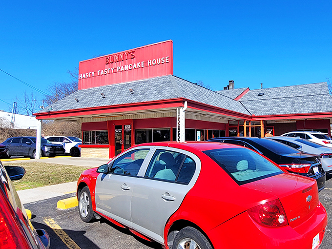 The bright red roof of Bunny's Hasty Tasty Pancake House stands out like a breakfast beacon, promising morning salvation to hungry Daytonians.