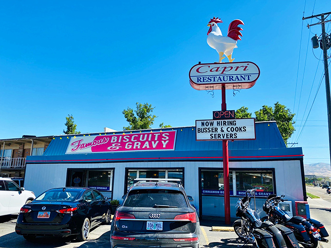 The iconic rooster stands sentinel over Fairview Avenue, beckoning hungry travelers to what might be Idaho's most beloved breakfast spot.