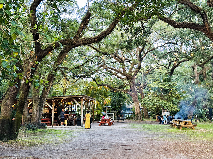 Nature's dining room at its finest. Ancient oaks create a canopy over this rustic outdoor eatery where smoke signals announce something delicious is cooking.