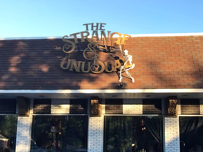 The skeleton dangling from The Strange and Unusual's sign isn't just decoration—it's your first clue that this isn't your average Pennsylvania gift shop.