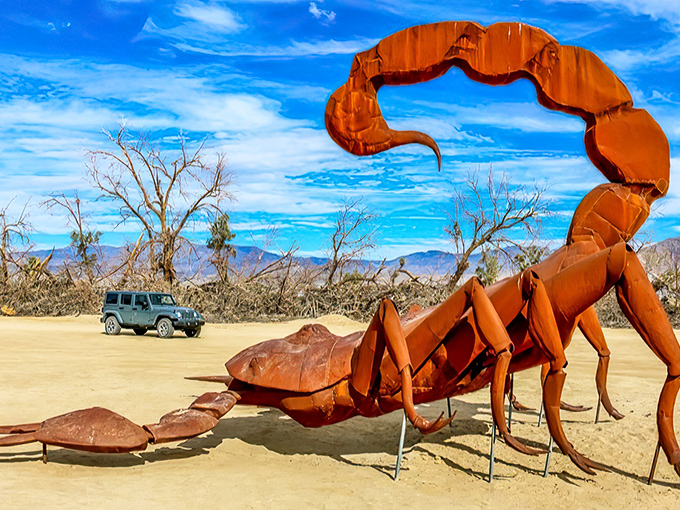 The desert's most impressive resident might be this massive scorpion sculpture, dwarfing vehicles and challenging visitors to rethink their fear of arachnids.