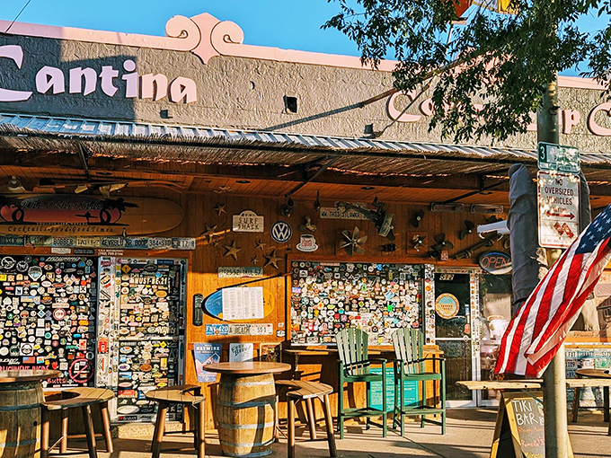 The sticker-covered walls of The Coffee Cup's exterior tell stories of thousands of satisfied visitors. A true desert oasis for breakfast pilgrims.