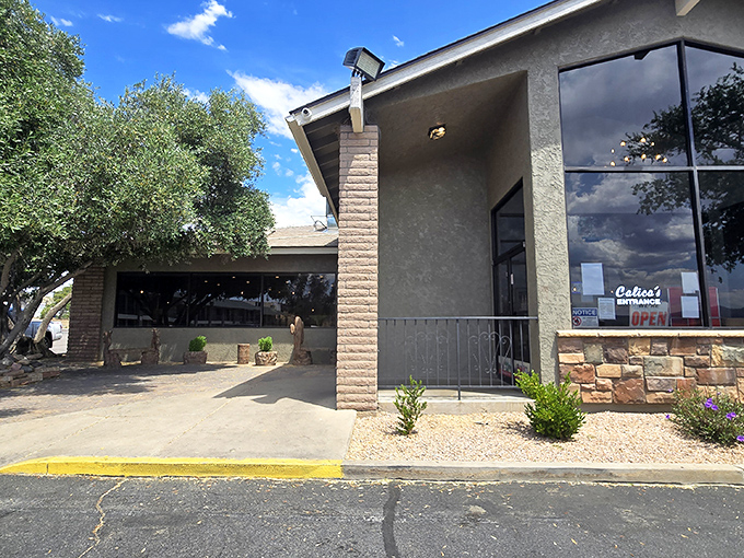 The desert sun plays off Calico&rsquo;s rugged architecture, where stone accents and desert greenery create an inviting oasis for hungry travelers along Route 66.