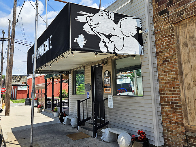 A closer look at the iconic flying pig logo that's become synonymous with barbecue excellence in southern Illinois.