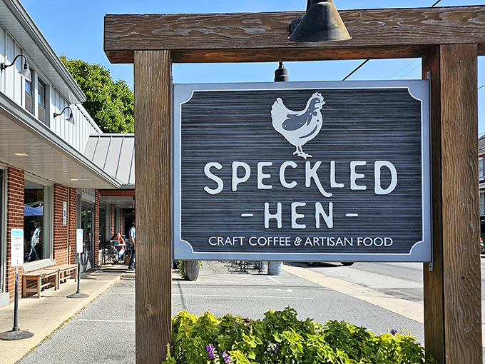 The wooden-framed sign welcomes you like an old friend. Speckled Hen's rustic charm announces itself before you even step inside.
