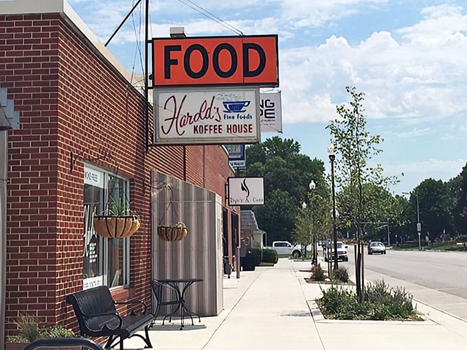 Harold&rsquo;s Koffee House keeps it classic&mdash;red brick, bold signs, and comfort food that feels like a hug on a plate.