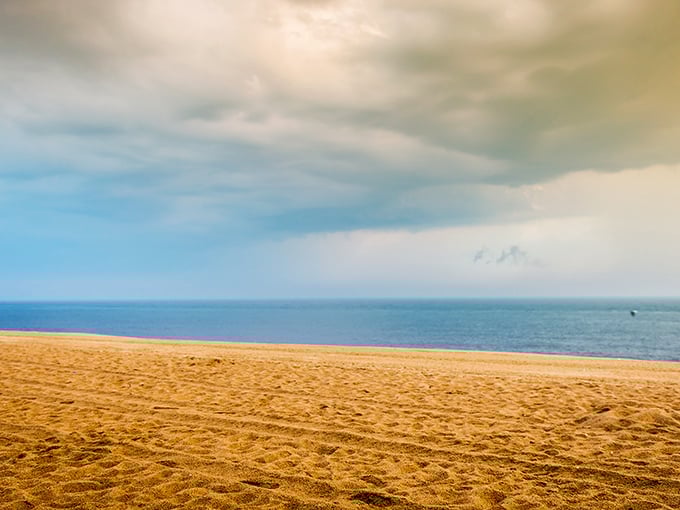 Golden sands stretch toward the horizon where sky meets sea, creating nature's perfect canvas at Dewey Beach.