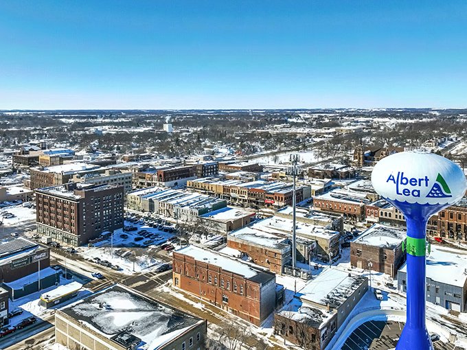 Albert Lea unfolds like a winter wonderland from above, its downtown nestled between frozen lakes like a scene from a Coen Brothers movie set in Minnesota Nice.