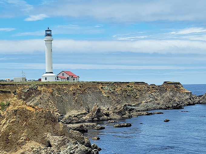 Standing sentinel on California's rugged Mendocino coast, Point Arena Lighthouse commands the headland like a maritime guardian from another era.