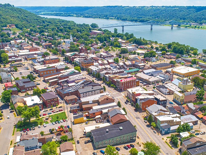 Madison's aerial view reveals what retirement dreams are made of—historic architecture nestled between rolling hills and the mighty Ohio River.