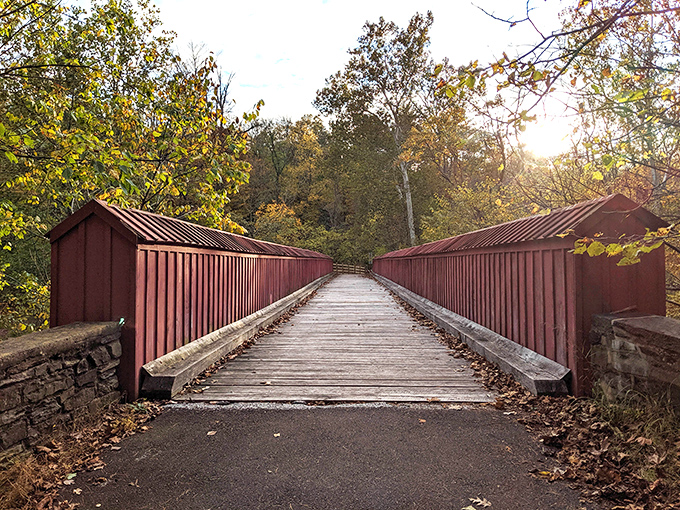 The iconic red bridge at Ralph Stover beckons like a portal to another world. Nature's invitation to adventure couldn't be more clear.