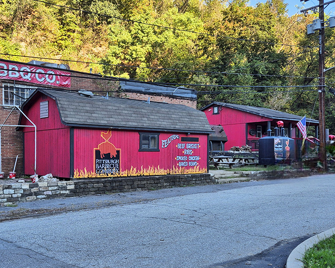 The bright red barn-like structure isn't subtle about its mission&mdash;flames painted along the bottom announce that serious barbecue happens here in Banksville.