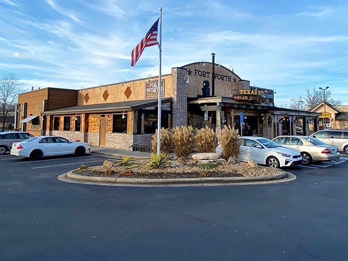 The Fort Worth Steakhouse stands tall beneath the Tennessee sky, its rustic brick and wood exterior signaling hearty meals and Southern hospitality done right.
