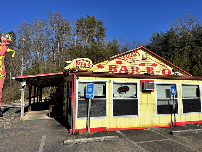 The unmistakable yellow and red exterior of Poole's Bar-B-Q stands out like a barbecue beacon in East Ellijay, complete with its iconic pig mascot.
