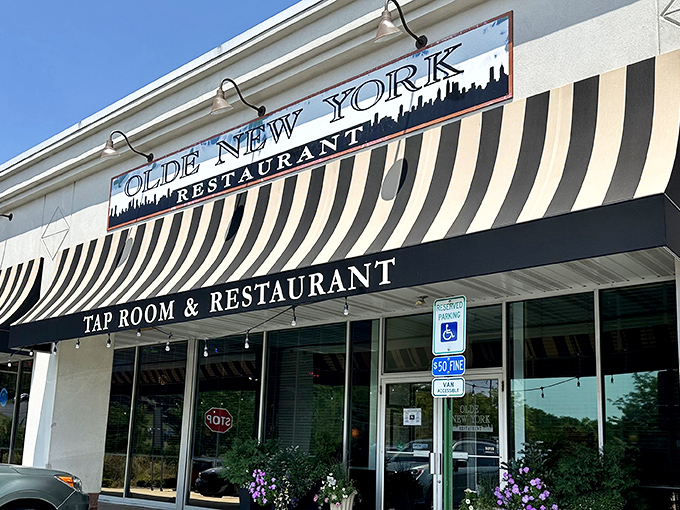 The classic black and white striped awning of Olde New York isn't just eye-catching&mdash;it's practically waving you in for those legendary pierogies. Welcome to carb heaven!