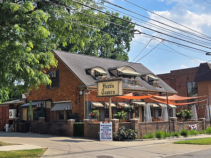 The brick fortress of flavor that is Herb's Tavern stands proudly on Detroit Road, its orange umbrellas beckoning like culinary lighthouses to hungry travelers.