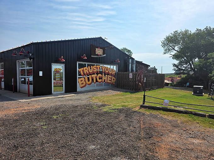 The bright red exterior of The Butcher BBQ Stand isn't just eye-catching&mdash;it's a smoke signal to barbecue pilgrims that they've reached the promised land.