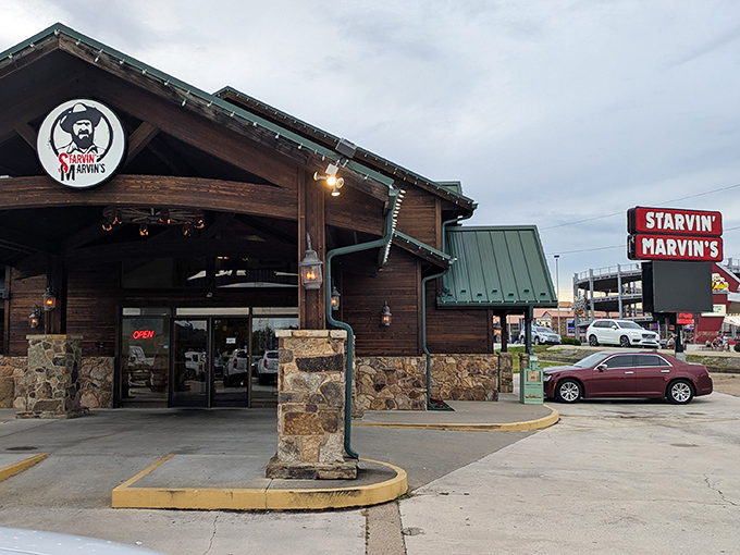 Where wood beams meet stone pillars, Starvin Marvin's stands ready to rescue you from hunger's clutches.