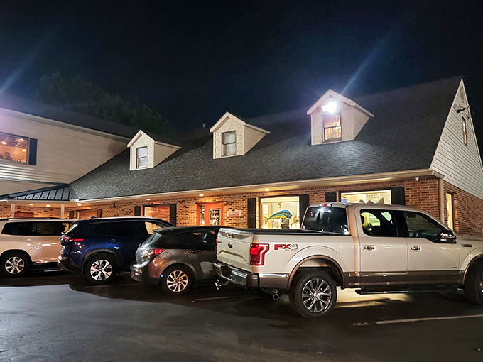 Feby's after dark is like a lighthouse for seafood lovers &ndash; its warm glow beckoning hungry travelers with promises of oceanic treasures within.