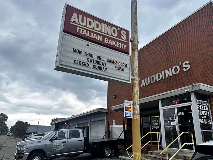 The iconic red brick exterior of Auddino's stands like a beacon for carb-seekers across Columbus. Italian bakery paradise awaits!