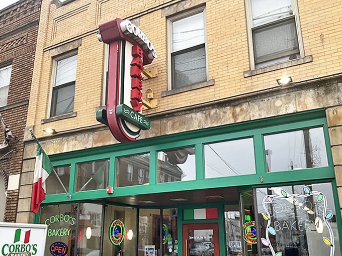 The iconic red and green Corbo's sign beckons like a lighthouse for the dessert-obsessed, promising Italian delights in Cleveland's Little Italy neighborhood.