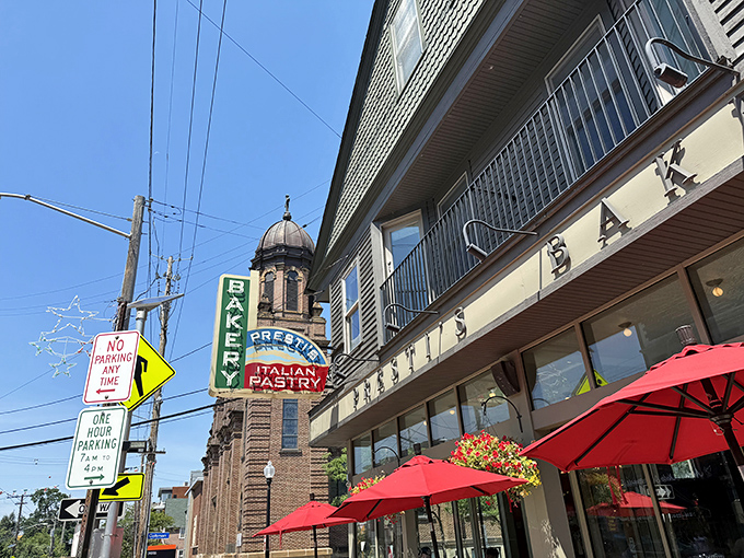 The iconic green, white, and red Presti's sign has been guiding carb enthusiasts to this Little Italy landmark for generations, a beacon of authentic Italian baking in Cleveland.