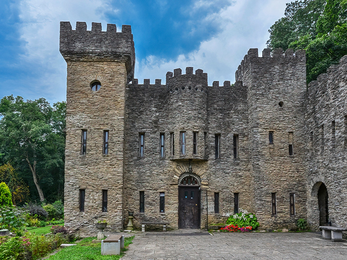 The stone fortress rises from the Ohio landscape like a medieval mirage, complete with crenellated towers and battlements that would make any castle enthusiast swoon.