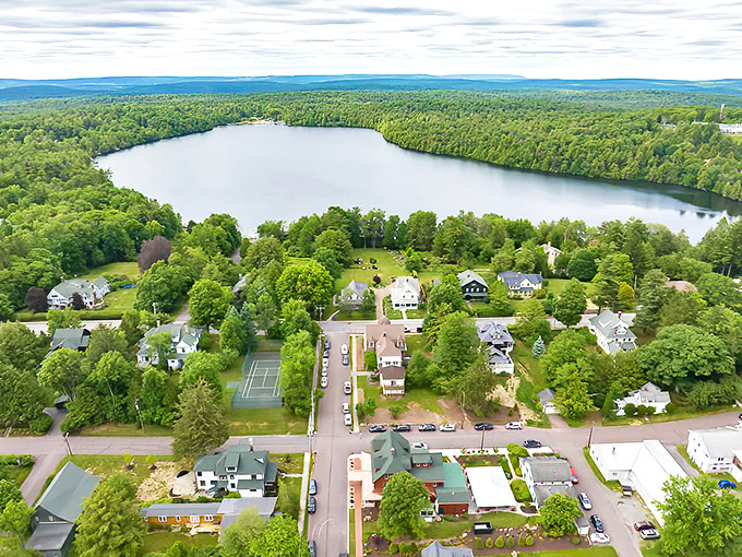 A bird's-eye view of paradise! Eagles Mere's pristine lake nestles among endless green forests like nature's perfect snow globe without the snow.