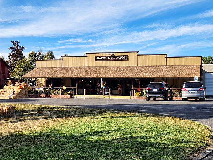 The rustic charm of Bates Nut Farm welcomes visitors with its unassuming storefront &ndash; a nutty paradise hiding in plain sight.