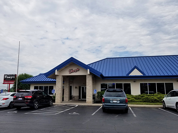 Tony's distinctive blue roof stands like a culinary lighthouse in Findlay, beckoning hungry travelers with the promise of comfort food perfection.