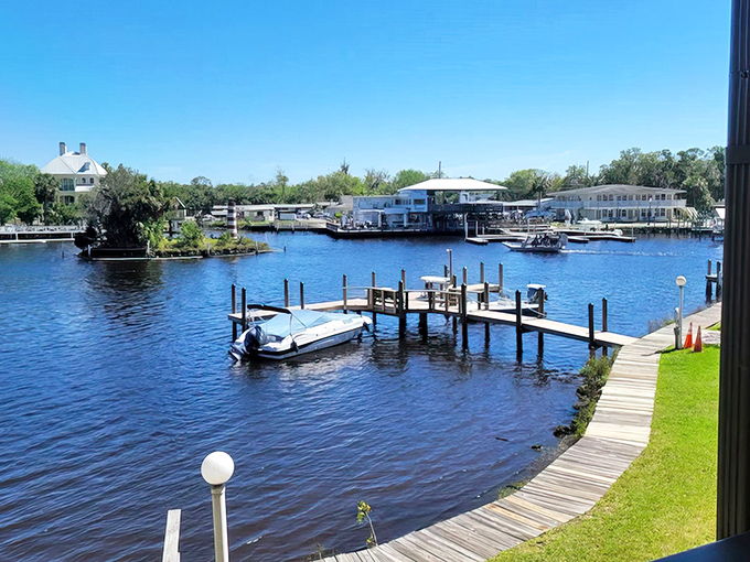 Wooden docks stretch into crystal-blue waters where boats wait patiently. This isn't a postcard&mdash;it's Tuesday in Homosassa Springs.