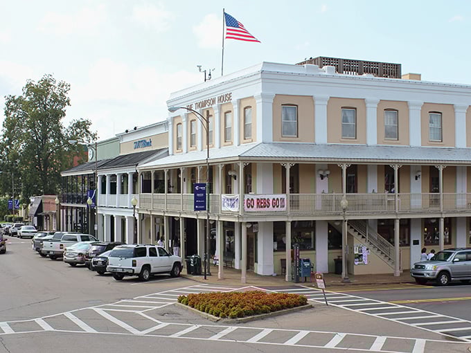 The Thompson House stands like a Southern sentinel, watching over Oxford's historic square with the quiet dignity of a gentleman who's seen it all but tells no tales.