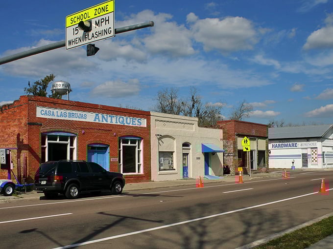 Downtown Waldo greets visitors with classic brick buildings and small-town charm. Casa Las Brisas Antiques beckons with promises of hidden treasures inside.